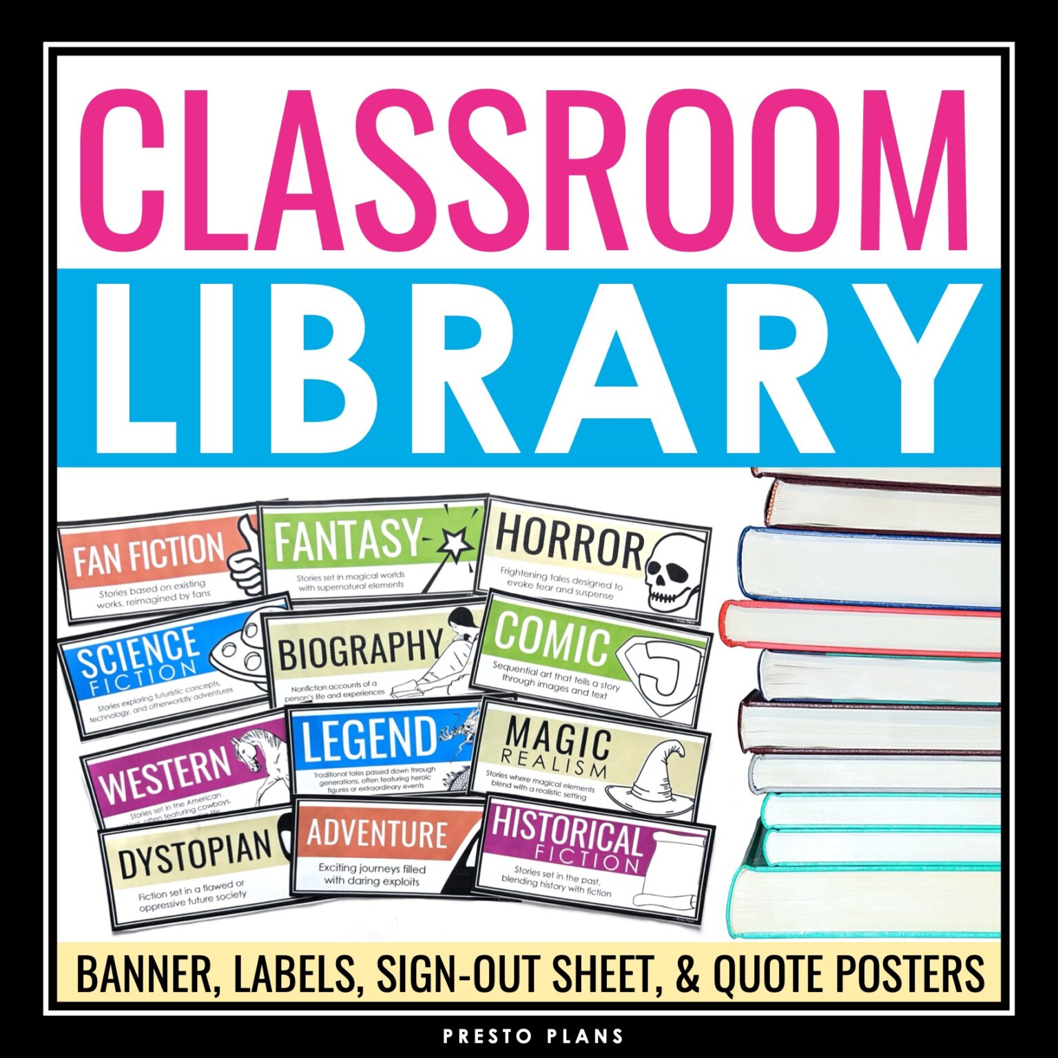 Classroom Library Labels for Novel Genres, Posters, and Book Sign-Out ...