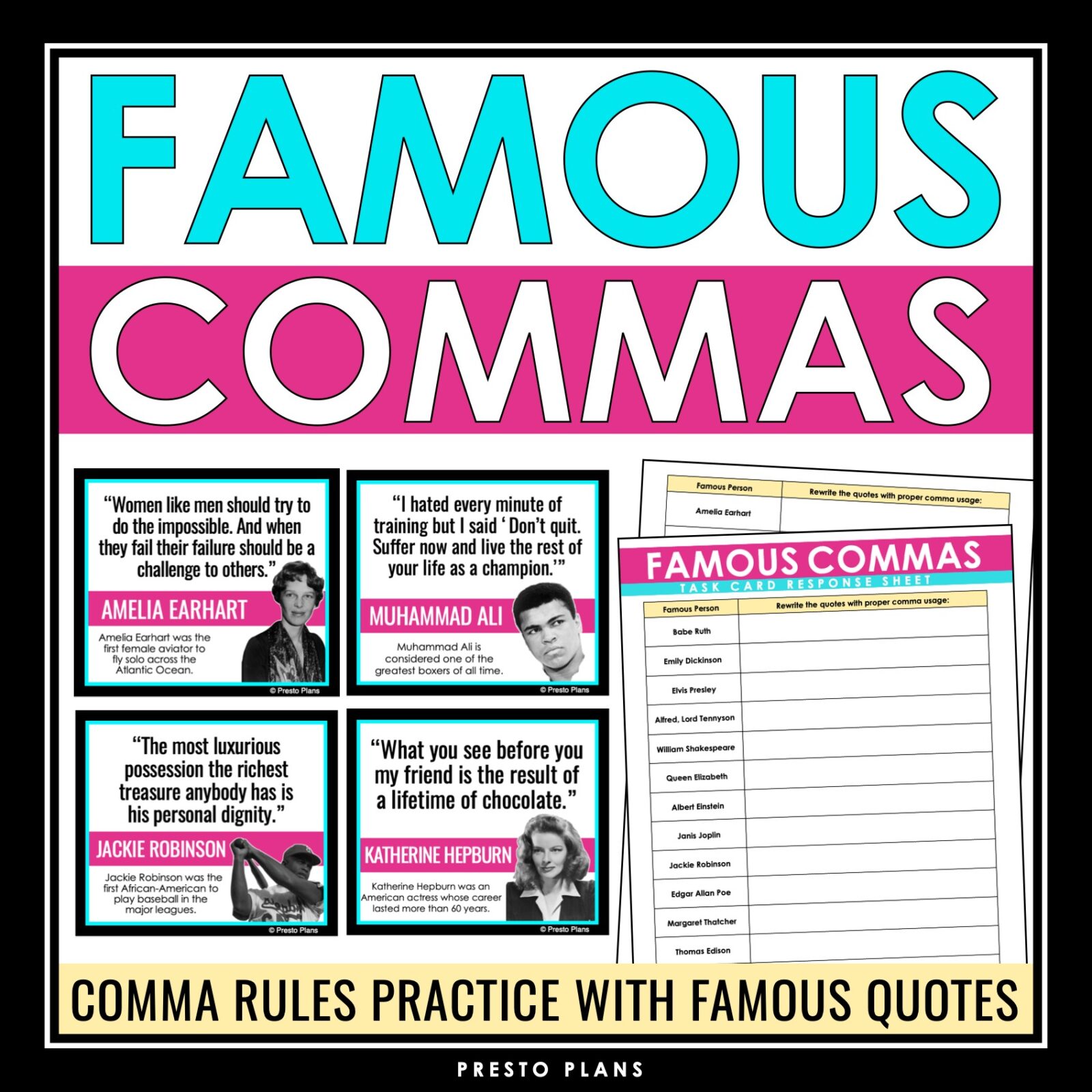 Comma Rules Practice Activity - Correct Comma Errors in Famous Quotes ...