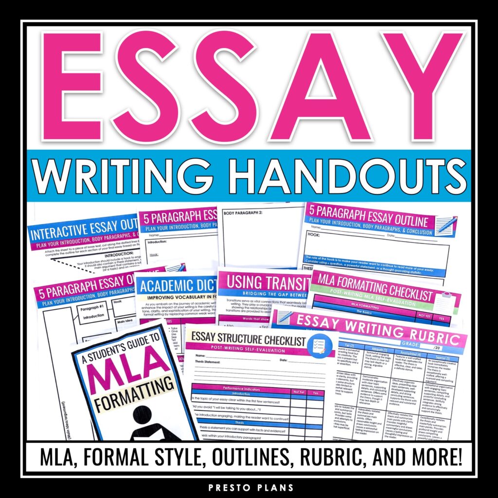 Essay Writing Handouts, Graphic Organizers, Checklists, MLA, and Rubric ...