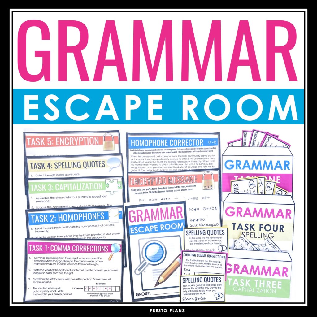 Grammar Escape Room Activity - Commas, Spelling, Homophones ...