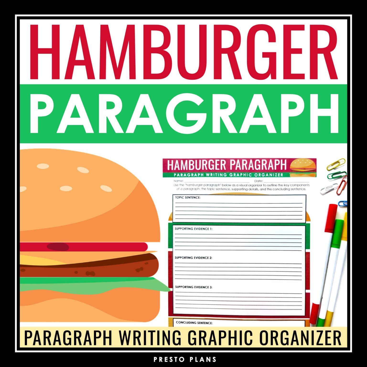 Free Paragraph Writing Graphic Organizer - Hamburger Method Template ...