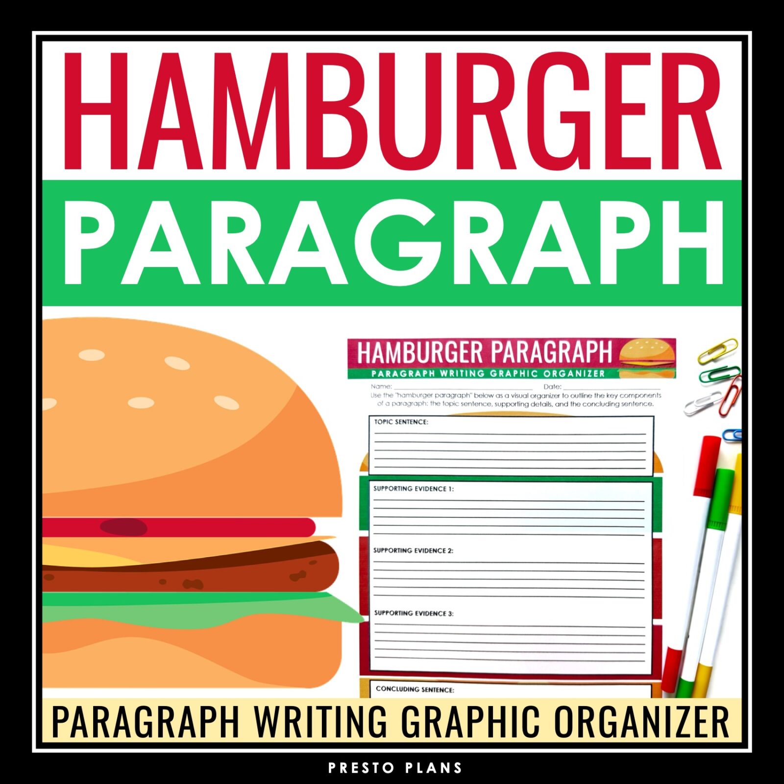 Free Paragraph Writing Graphic Organizer - Hamburger Method Template ...