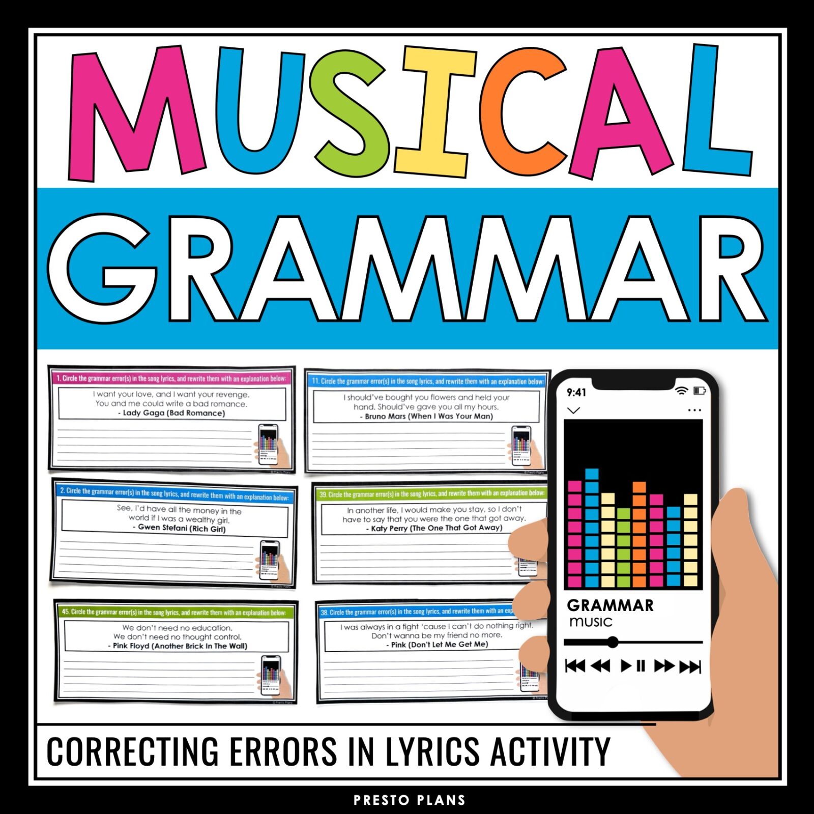 Grammar Activity - Editing Grammar Errors in Song Music Lyrics Task ...