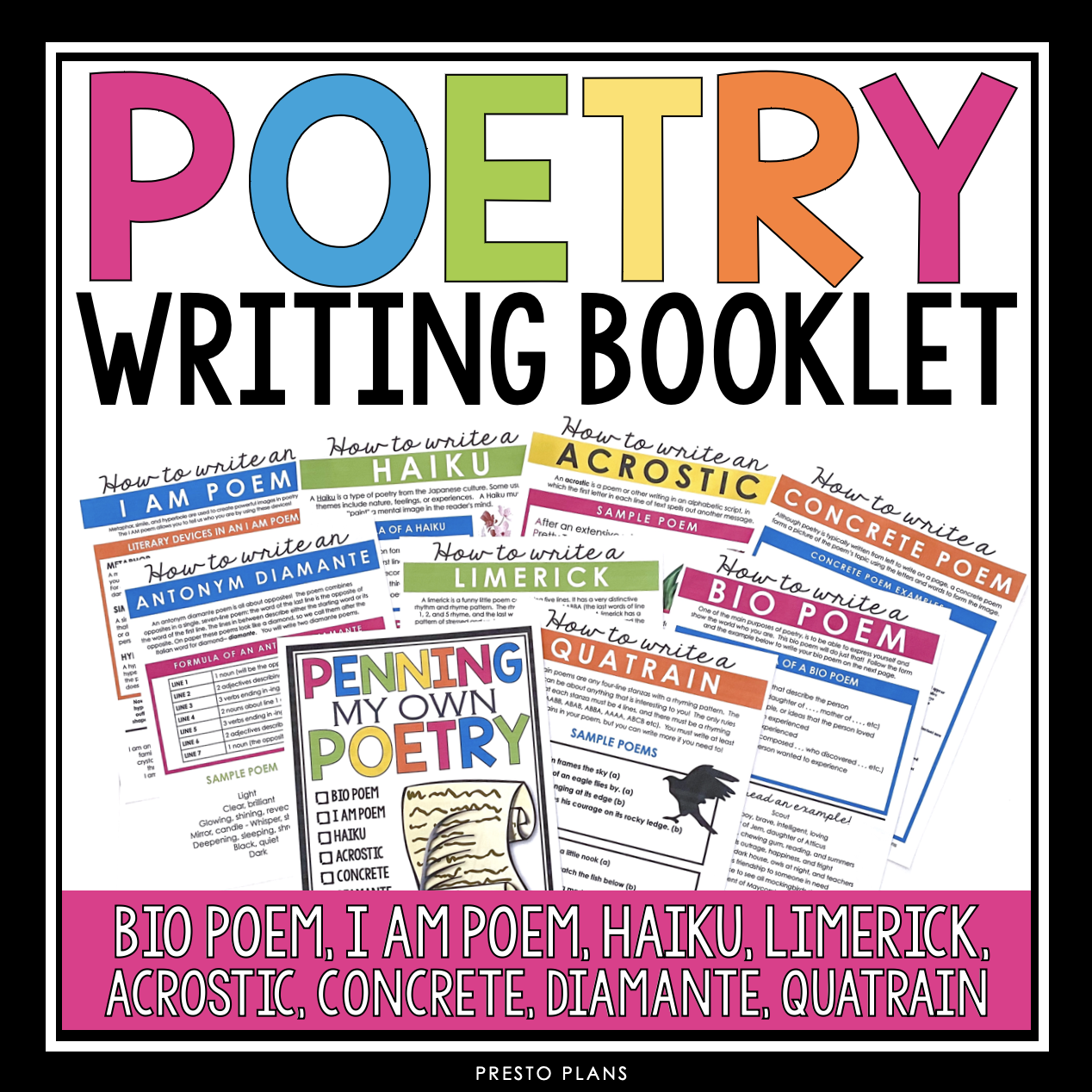 Poetry Writing Unit Booklet - Haiku, Acrostic, Limerick, Concrete ...