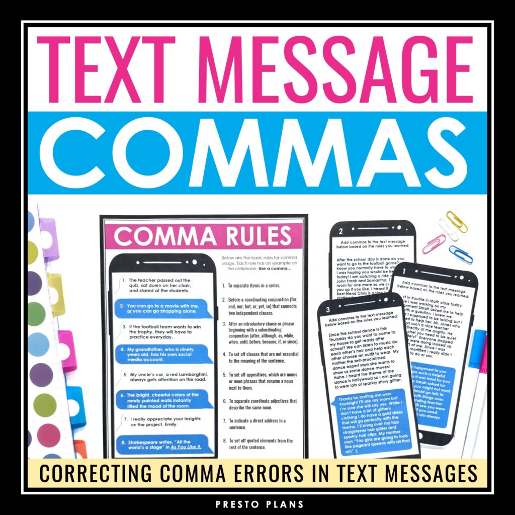 Comma Task Cards Activity and Poster - Correcting Comma Errors in Text ...