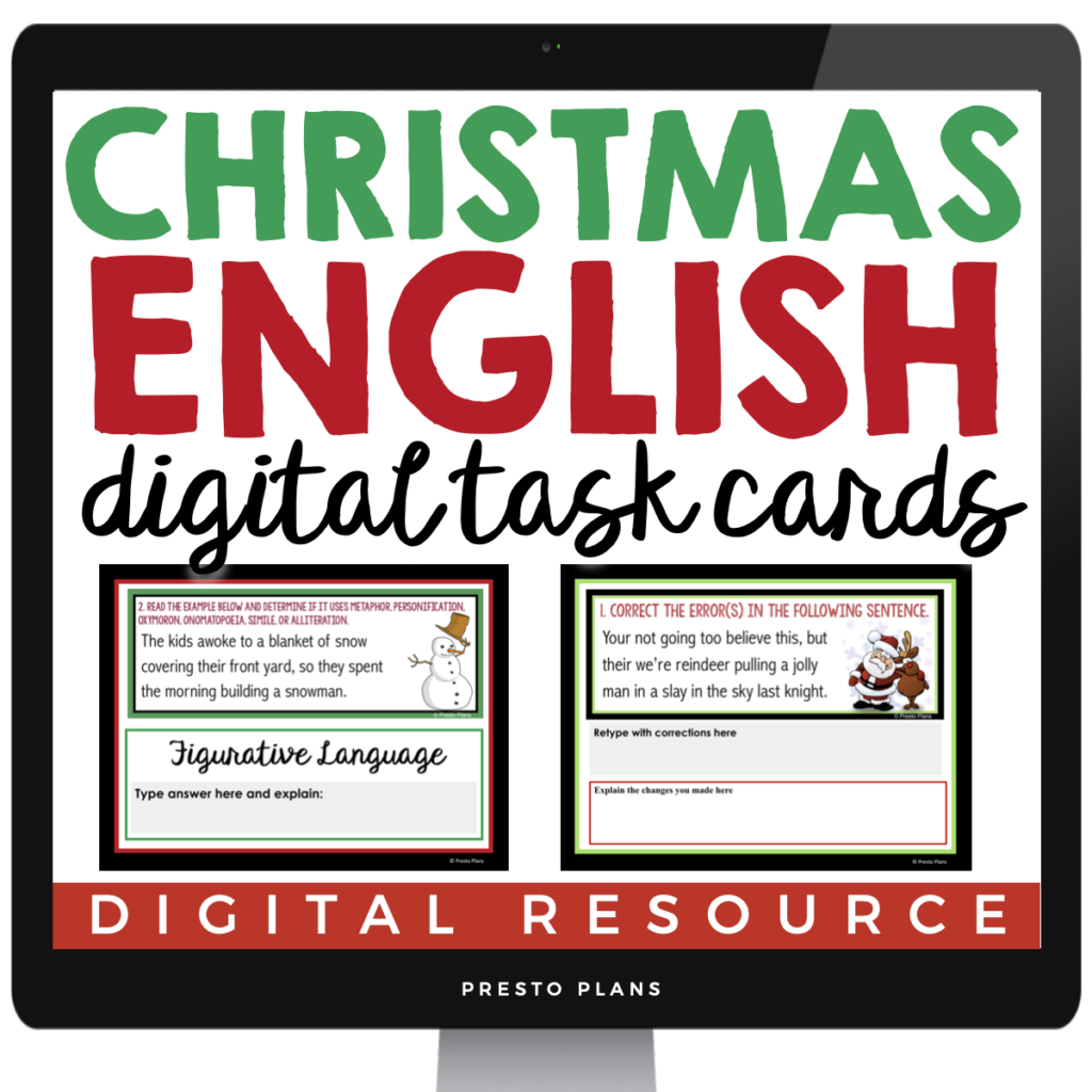 DIGITAL CHRISTMAS TASK CARDS GRAMMAR, PARTS OF SPEECH, FIGURATIVE ...