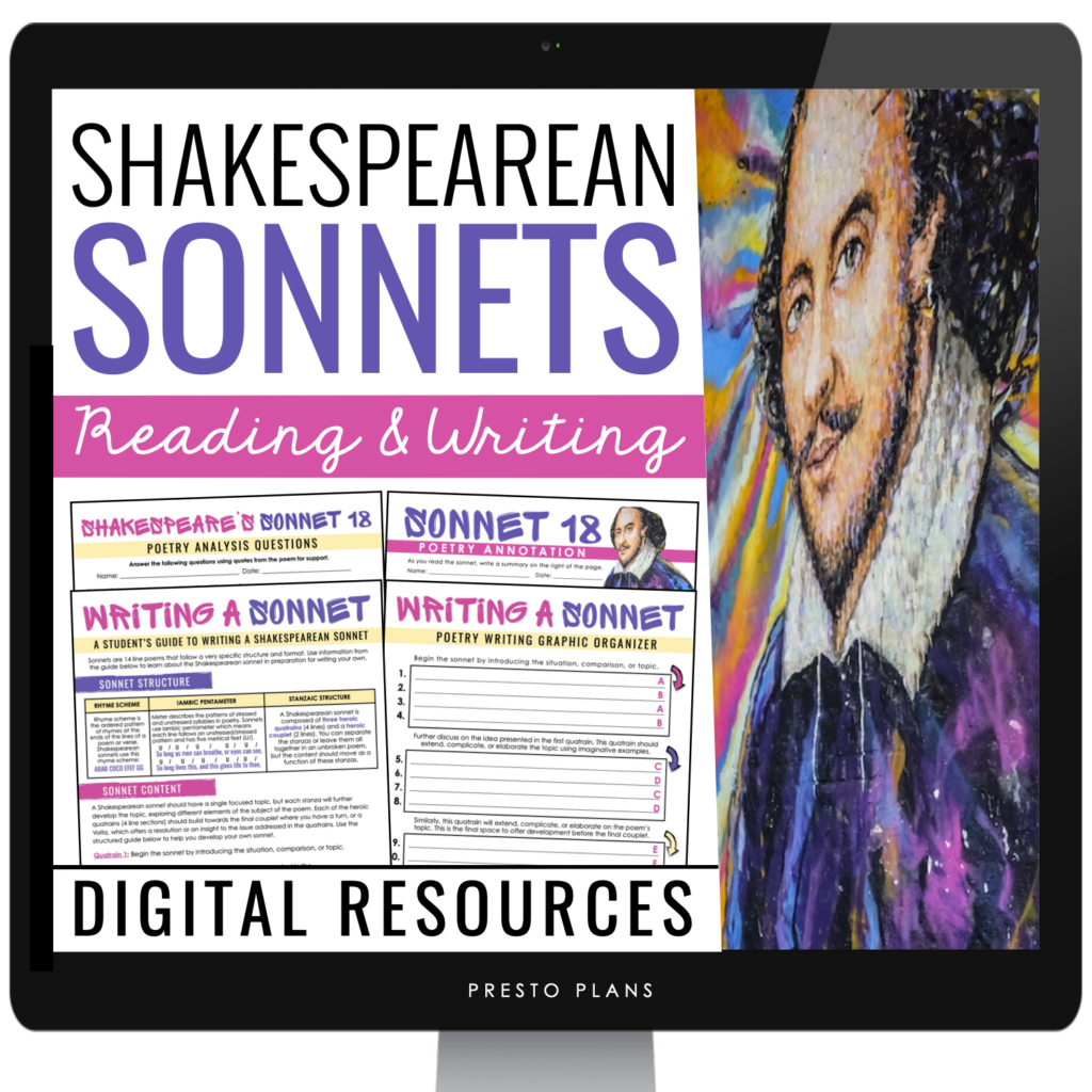 Shakespearean Sonnet Writing Analysis of Sonnet 18 Poetry Activities - Digital - prestoplanners.com