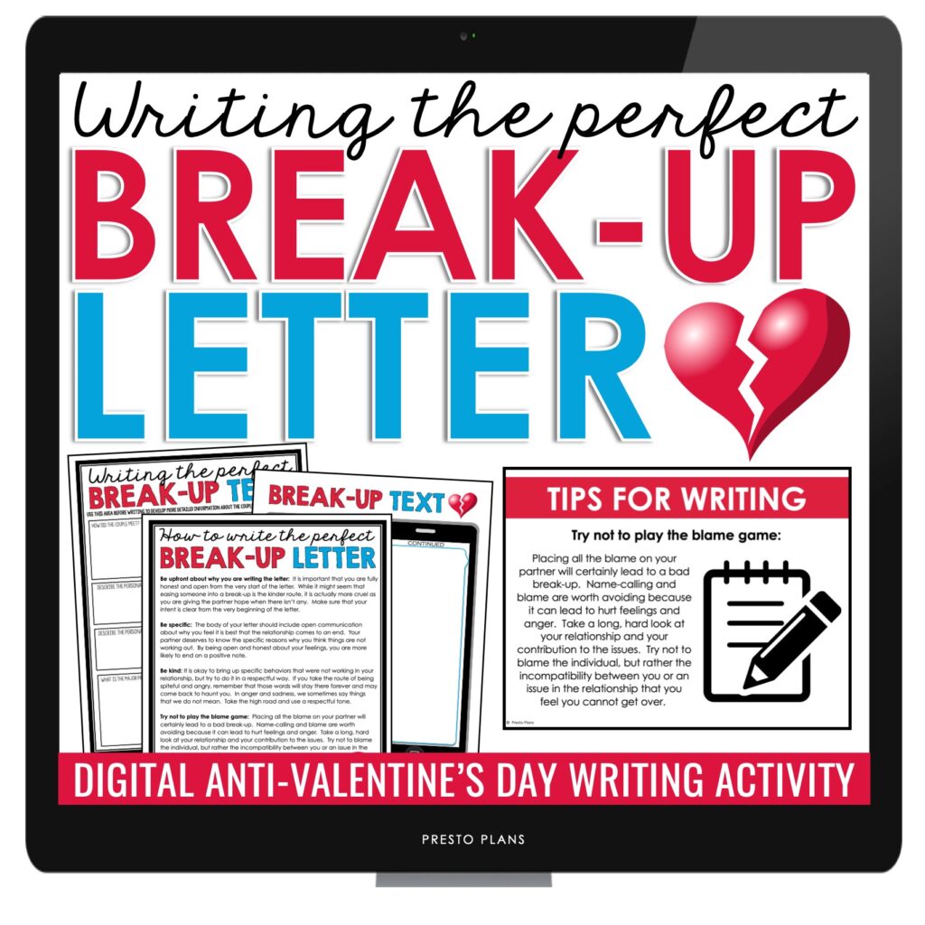Valentine's Day Writing Assignment - Writing a Break Up Letter or Text ...