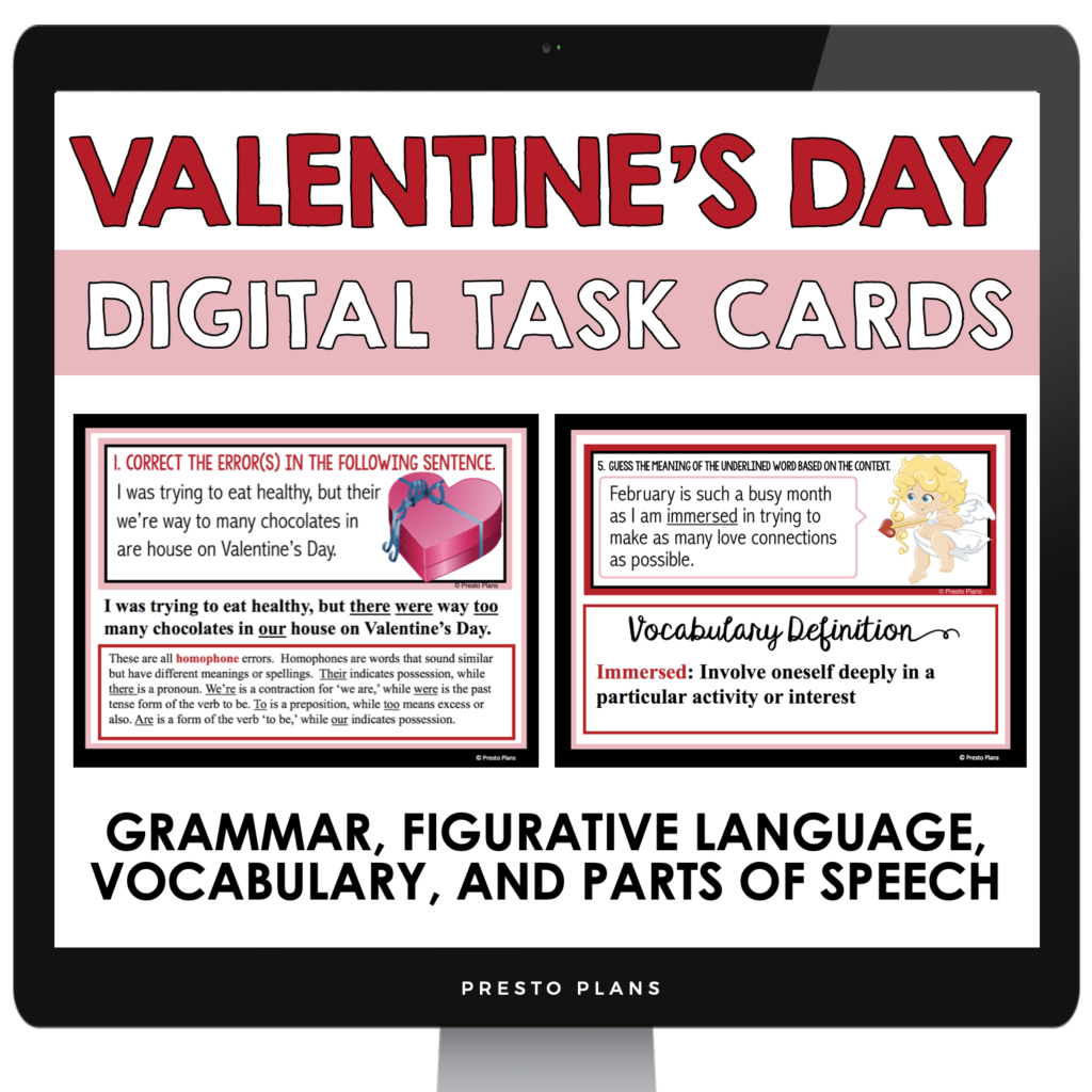 VALENTINE'S DAY DIGITAL TASK CARDS GRAMMAR, PARTS OF SPEECH, FIG ...
