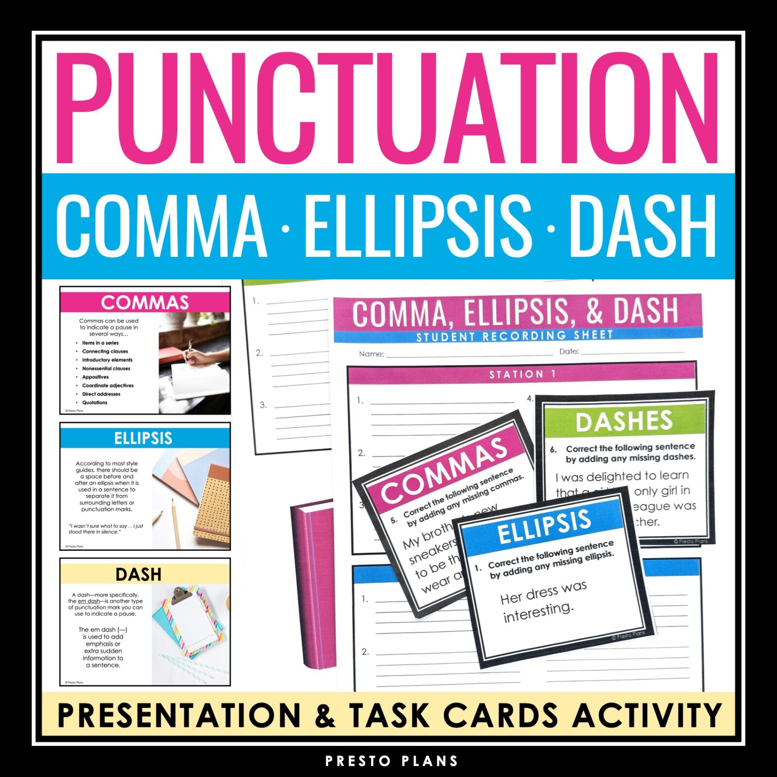 Comma, Ellipsis, & Dash Punctuation Lesson - Grammar Presentation & Assignments - prestoplanners.com