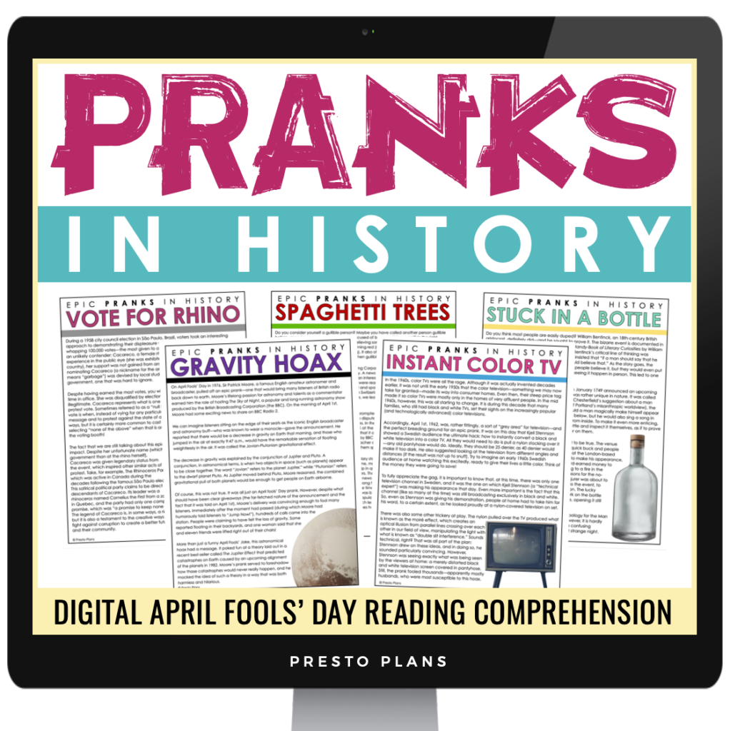 April Fools' Day Reading Comprehension Pranks Articles & Assignments ...