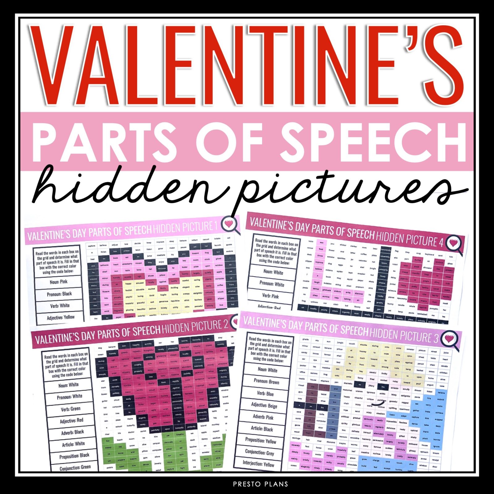 Valentine's Day Parts of Speech Activity - Coloring Hidden Mystery ...