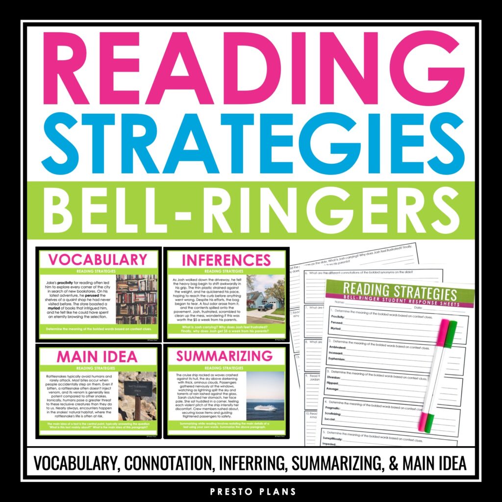 Reading Strategies Bell Ringers - Inferences, Summarizing, Main Idea ...