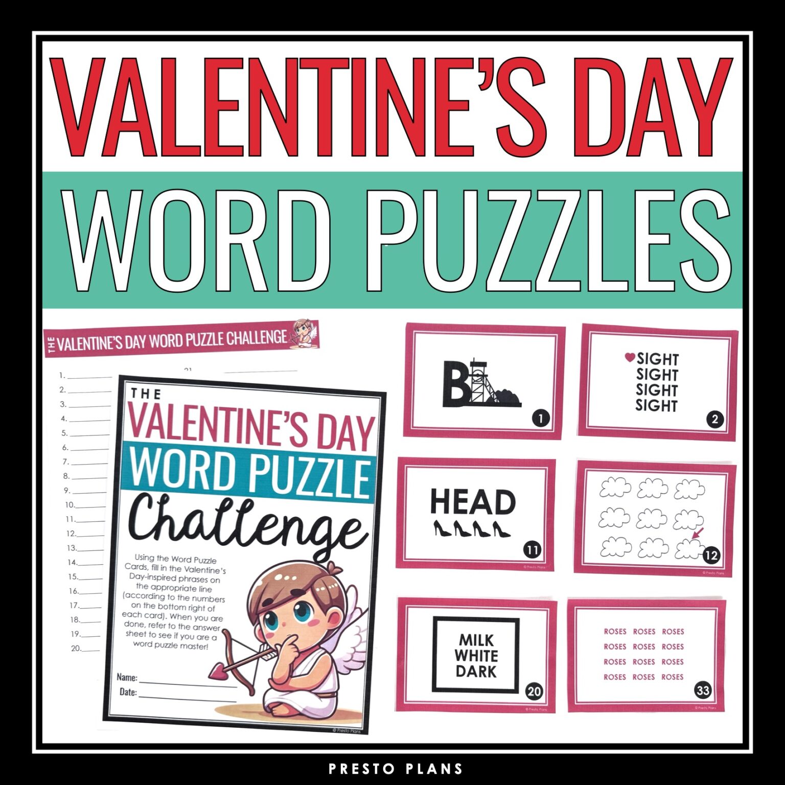 Valentine's Day Word Puzzles Brain Teasers Game - Logic Rebus Word ...