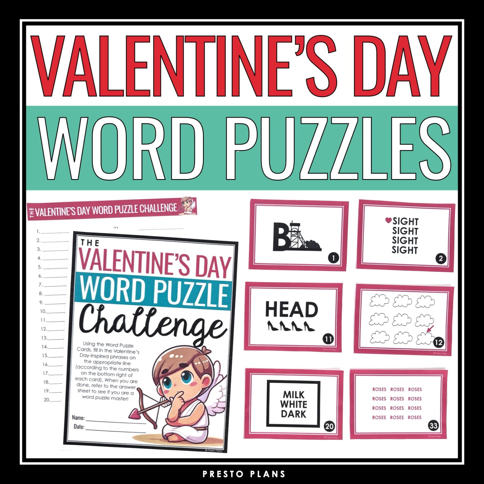 Valentine's Day Word Puzzles Brain Teasers Game - Logic Rebus Word ...