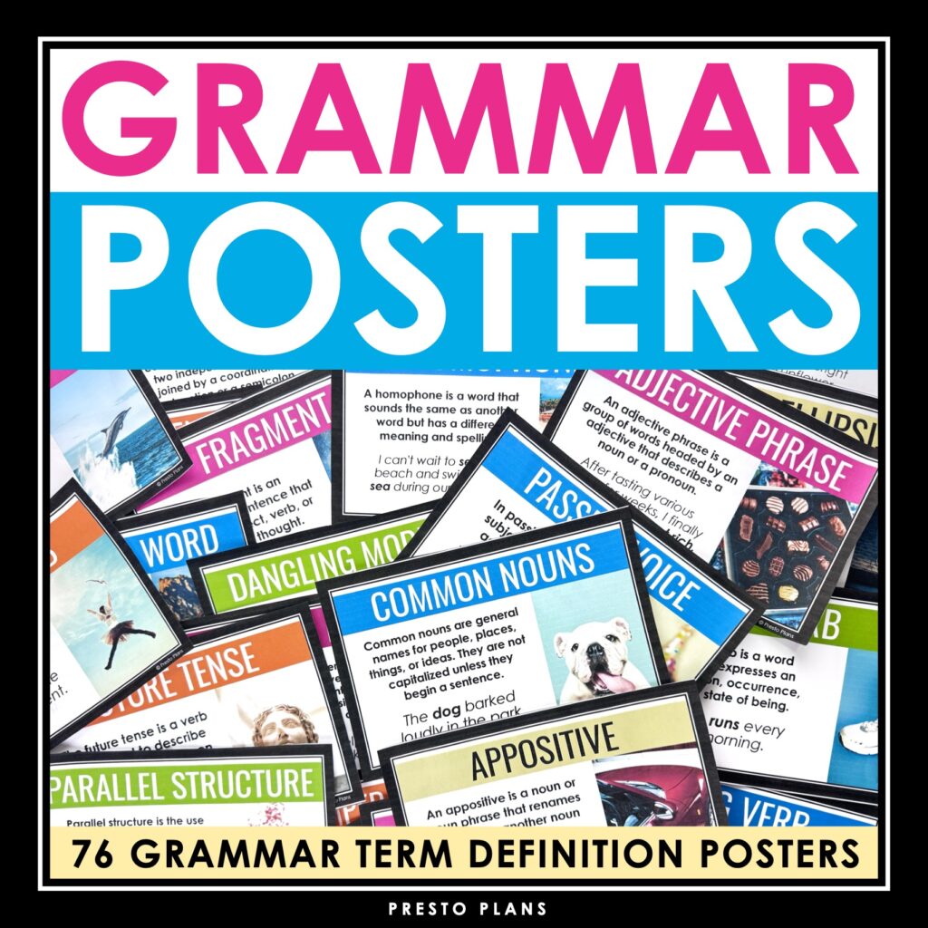 Grammar Posters Classroom Bulletin Board Decor - 76 ELA Grammar Terms ...