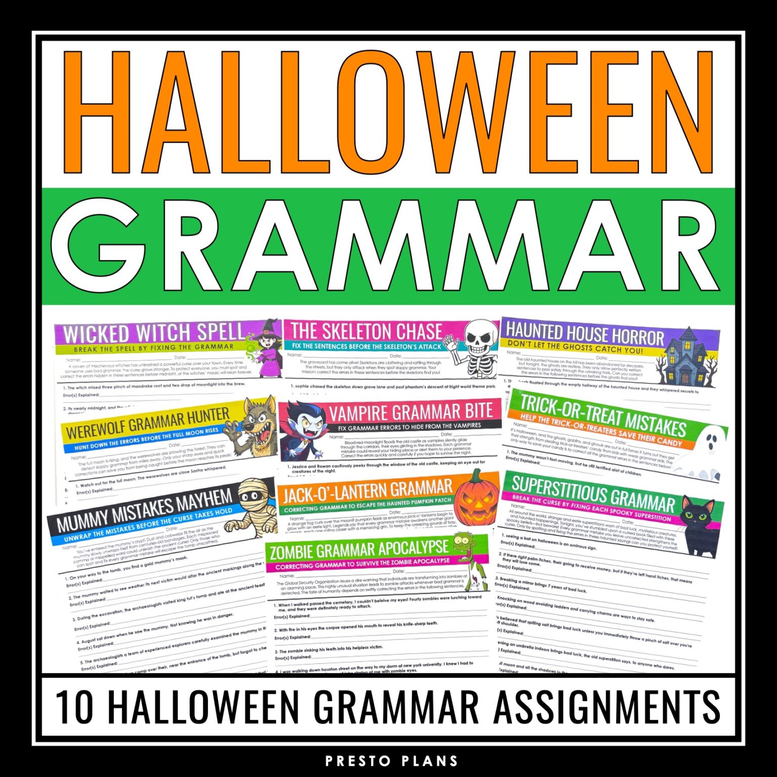 Halloween Grammar Worksheets - Editing Punctuation, Spelling, & Grammar ...
